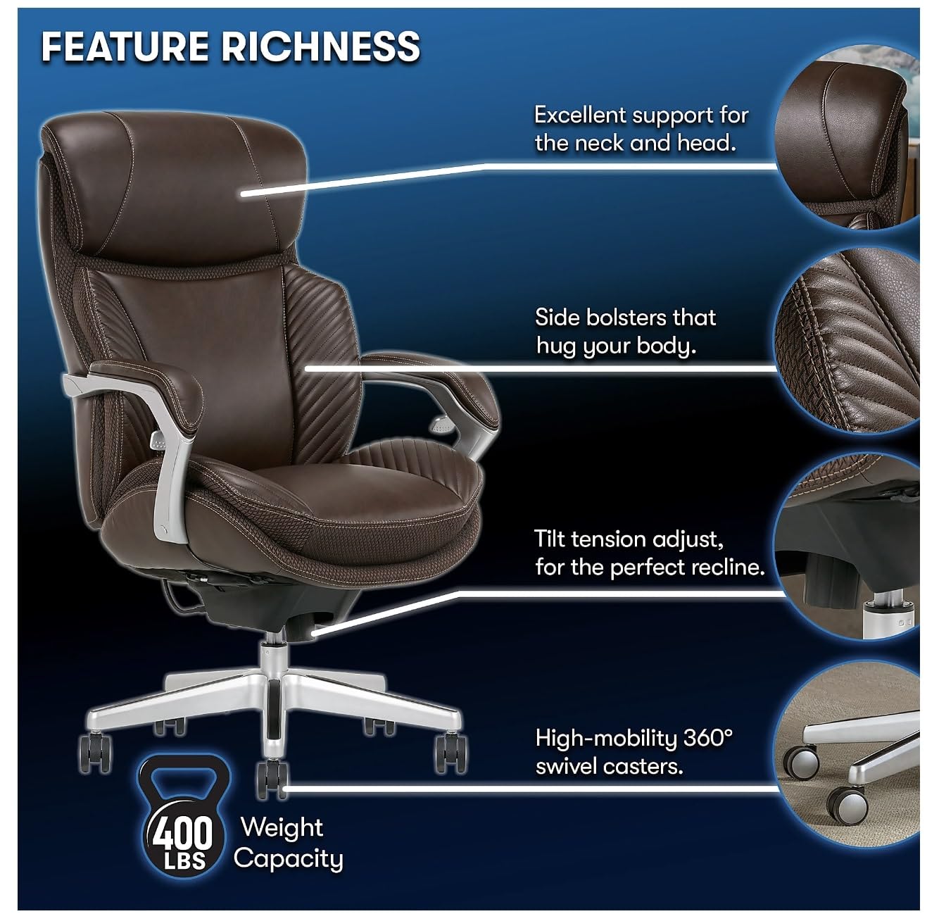 Serta iComfort i6000 Series Big & Tall Ergonomic Bonded Leather High-Back Executive Chair, Brown/Silver