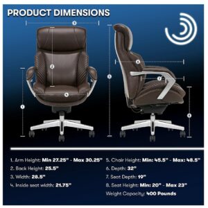 Serta iComfort i6000 Series Big & Tall Ergonomic Bonded Leather High-Back Executive Chair, Brown/Silver