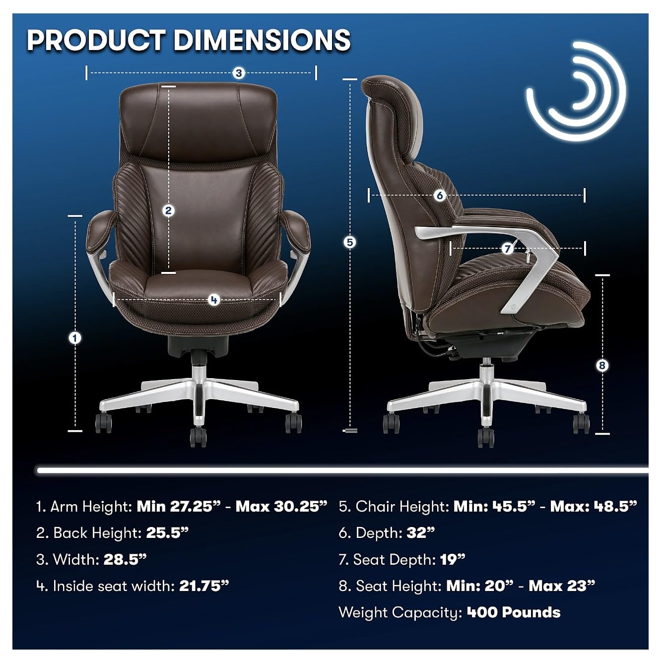 Serta iComfort i6000 Series Big & Tall Ergonomic Bonded Leather High-Back Executive Chair, Brown/Silver