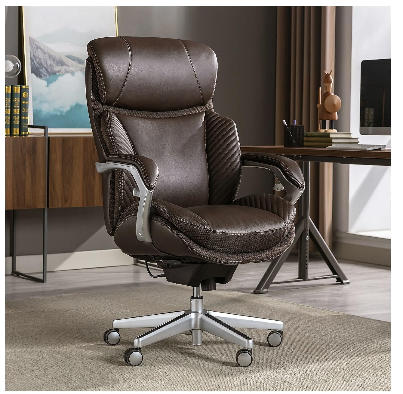 Serta iComfort i6000 Series Big & Tall Ergonomic Bonded Leather High-Back Executive Chair, Brown/Silver