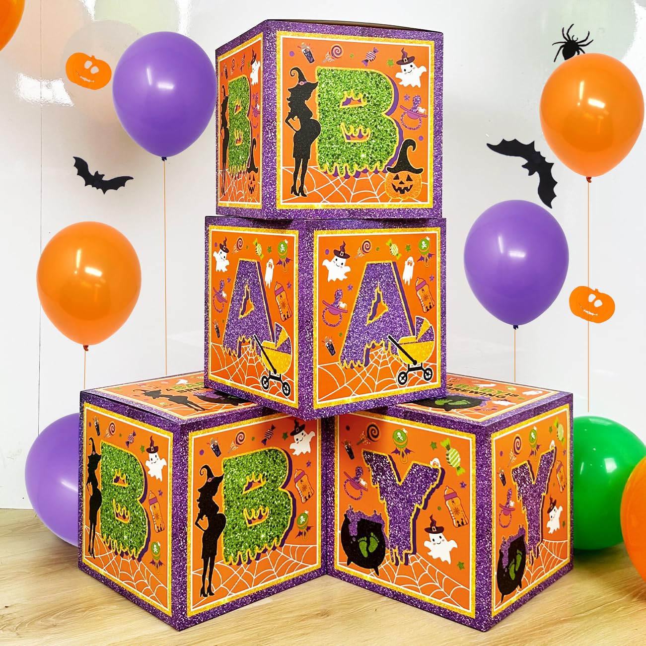 A Baby is Brewing Halloween Baby Showers Decorations, 4 Pcs Baby Balloon Boxes Purple Green Baby Letter Blocks for Halloween Baby Shower A Baby Is Brewing Party Decorations Supplies