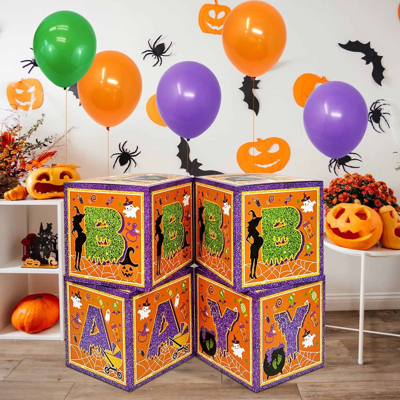 A Baby is Brewing Halloween Baby Showers Decorations, 4 Pcs Baby Balloon Boxes Purple Green Baby Letter Blocks for Halloween Baby Shower A Baby Is Brewing Party Decorations Supplies