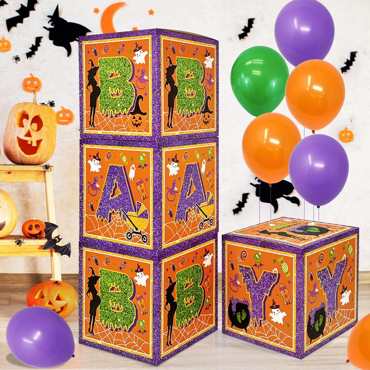 A Baby is Brewing Halloween Baby Showers Decorations, 4 Pcs Baby Balloon Boxes Purple Green Baby Letter Blocks for Halloween Baby Shower A Baby Is Brewing Party Decorations Supplies