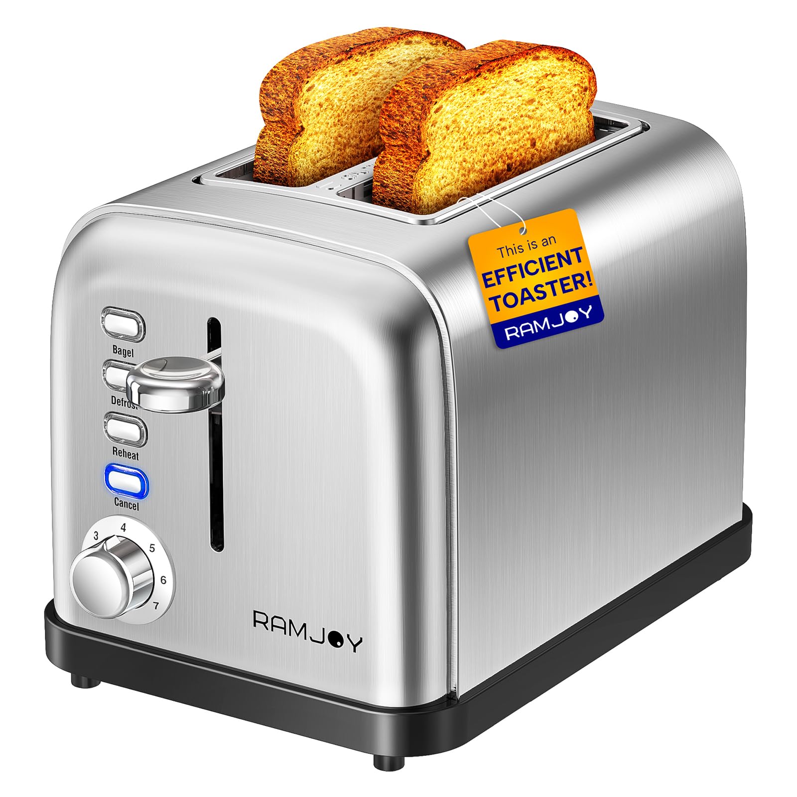 RAMJOY Toaster 2 Slice, Extra-Wide Slot Toasters for Bagels, Bread, Waffles, 7 Shade Settings, 4 Main Functions, Removable Crumb Tray, 900 Watts, Brushed Stainless Steel