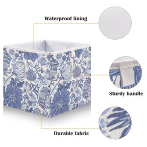 Kigai Fabric Cube Storage Bins Foldable Storage Box Waterproof Storage Cubes Organizer with Handles Storage Basket for Shelves, Home, Office, Nursery, 11"x11"x11", Blue Flowers