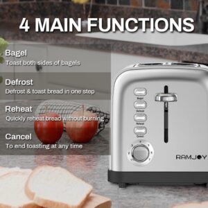 RAMJOY Toaster 2 Slice, Extra-Wide Slot Toasters for Bagels, Bread, Waffles, 7 Shade Settings, 4 Main Functions, Removable Crumb Tray, 900 Watts, Brushed Stainless Steel