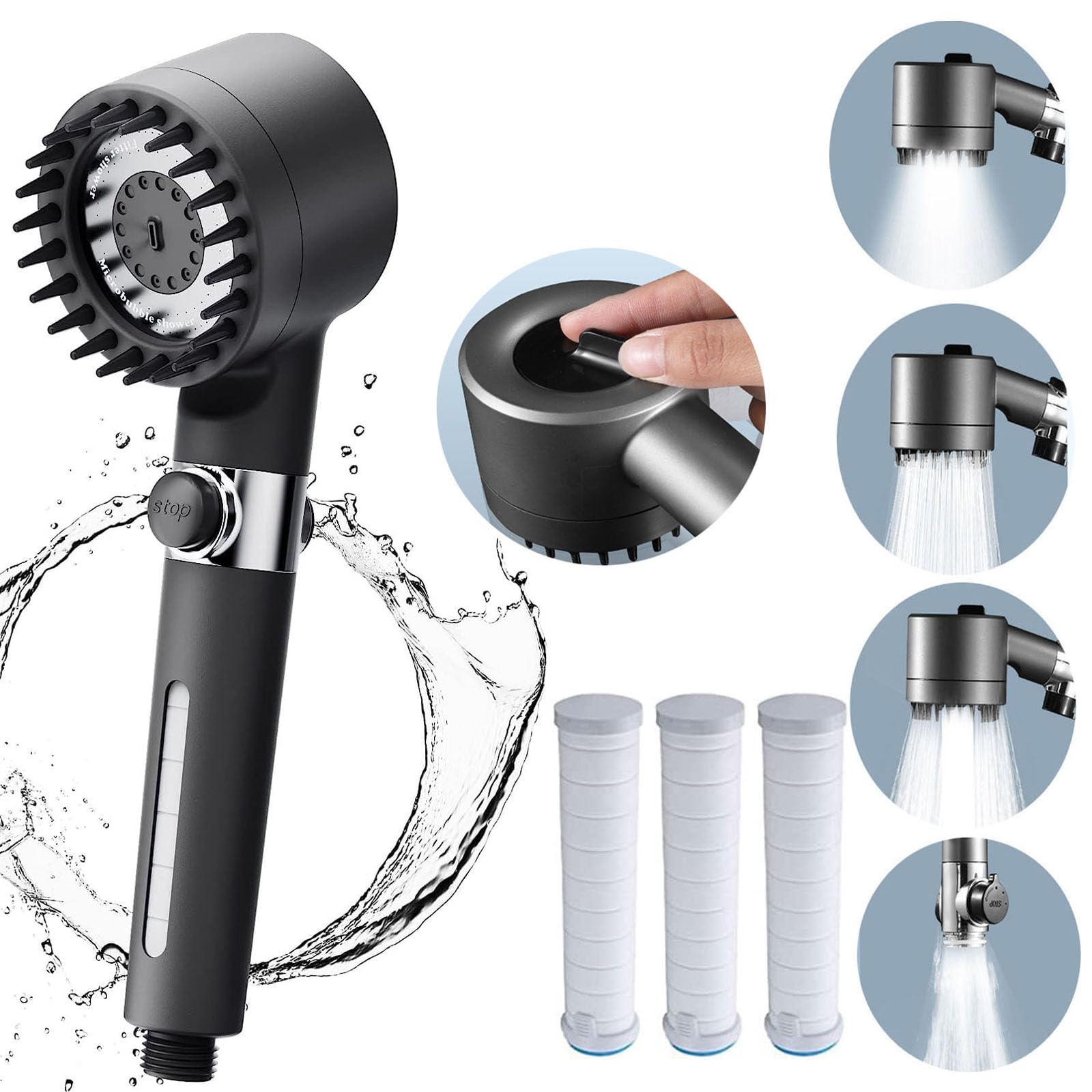 Handheld Shower Head with Filter, High Pressure 3 Spray Mode Showerhead with Switch, High Pressure Shower Head with Brush for Massaging The Scalp-International 4-Point Interface.