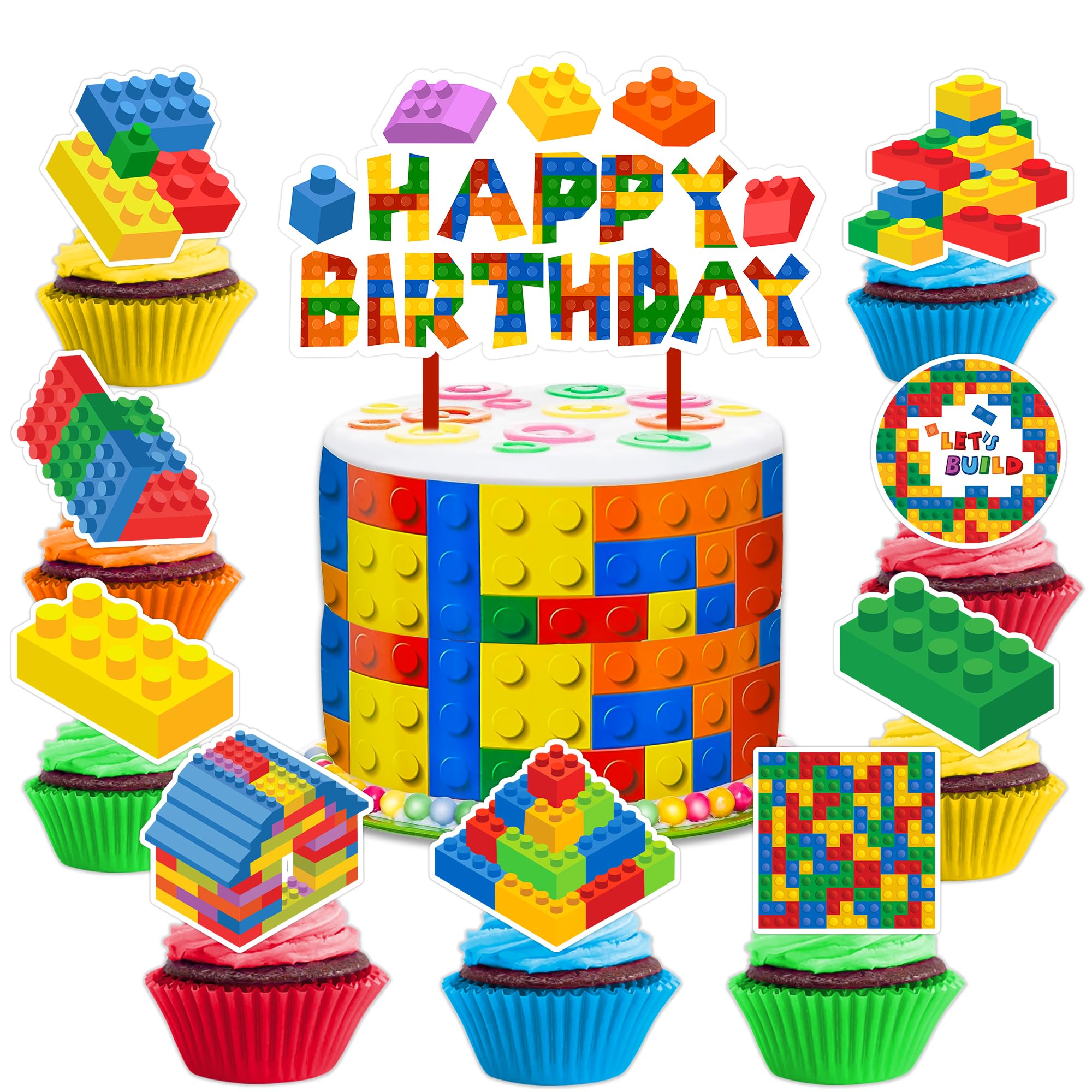 25 PCS Building Blocks Block Theme Happy Themed Birthday Party Cake Topper Cupcake Toppers Favors Supplies Decorations Decor Construction Gifts for Games Boys Girls Kids Baby Shower Rewards Carnival