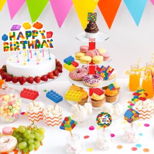 25 PCS Building Blocks Block Theme Happy Themed Birthday Party Cake Topper Cupcake Toppers Favors Supplies Decorations Decor Construction Gifts for Games Boys Girls Kids Baby Shower Rewards Carnival