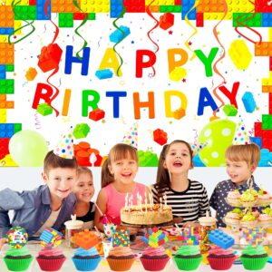 25 PCS Building Blocks Block Theme Happy Themed Birthday Party Cake Topper Cupcake Toppers Favors Supplies Decorations Decor Construction Gifts for Games Boys Girls Kids Baby Shower Rewards Carnival