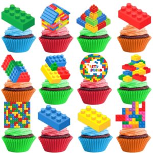 25 PCS Building Blocks Block Theme Happy Themed Birthday Party Cake Topper Cupcake Toppers Favors Supplies Decorations Decor Construction Gifts for Games Boys Girls Kids Baby Shower Rewards Carnival