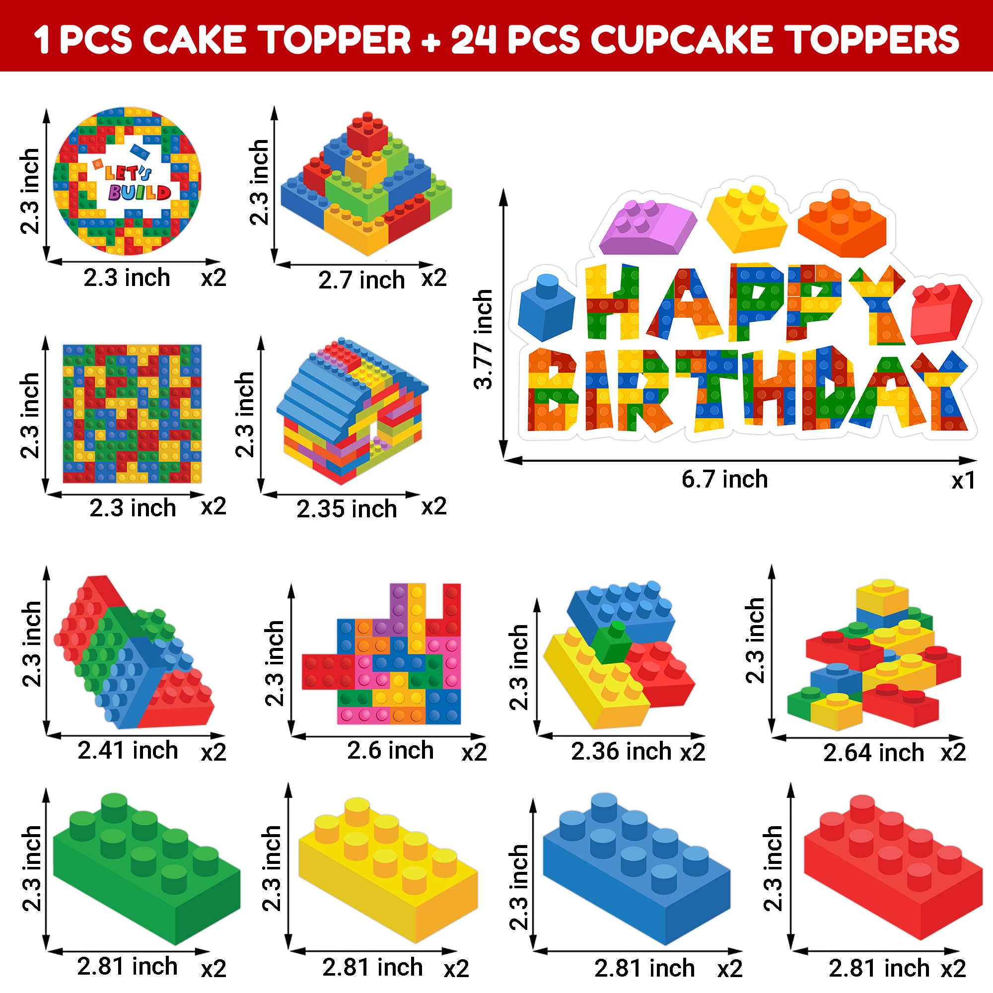 25 PCS Building Blocks Block Theme Happy Themed Birthday Party Cake Topper Cupcake Toppers Favors Supplies Decorations Decor Construction Gifts for Games Boys Girls Kids Baby Shower Rewards Carnival