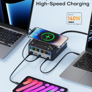 USB Charging Station,ASOMETECH 260W 5Ports Fast USB C Charging Station,140W PD3.1 USB C GaN Charger with LCD Display,Wireless Charger,Desktop USB Charging Hub for MacBook Pro/Air,iPad,iPhone,Samsung