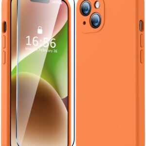 Vooii Compatible with iPhone 14 Plus Case with Screen Protector, Upgraded Liquid Silicone with [Camera Protection] [Soft Anti-Scratch Microfiber Lining] Phone Case for iPhone 14 Plus - Bright Orange