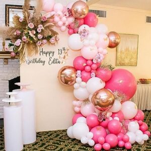 RUBFAC 158pcs Pink Balloons Arch Garland Kit, Hot Pink Rose Gold Metallic Balloons Confetti Latex Balloons for Birthday Wedding Bridal Shower Princess Theme Party Decorations