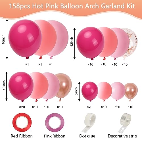 RUBFAC 158pcs Pink Balloons Arch Garland Kit, Hot Pink Rose Gold Metallic Balloons Confetti Latex Balloons for Birthday Wedding Bridal Shower Princess Theme Party Decorations