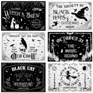 umigy 6 pcs halloween placemats 12"x18" gothic bat placemats kitchen decoration washable witch placemats rectangle skull table mats for halloween dining table accessories (black white character style)