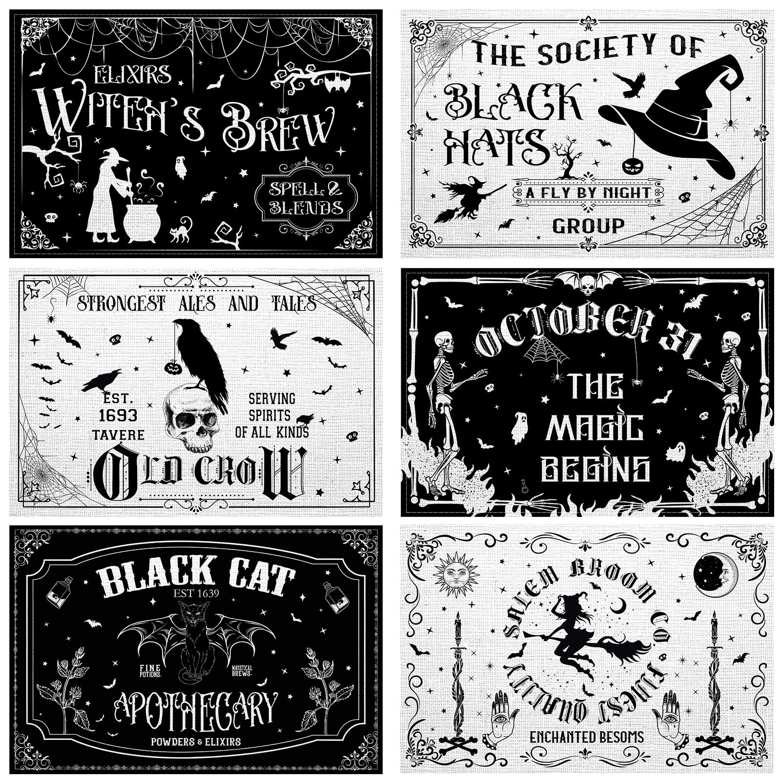 Umigy 6 Pcs Halloween Placemats 12"x18" Gothic Bat Placemats Kitchen Decoration Washable Witch Placemats Rectangle Skull Table Mats for Halloween Dining Table Accessories (Black White Character Style)