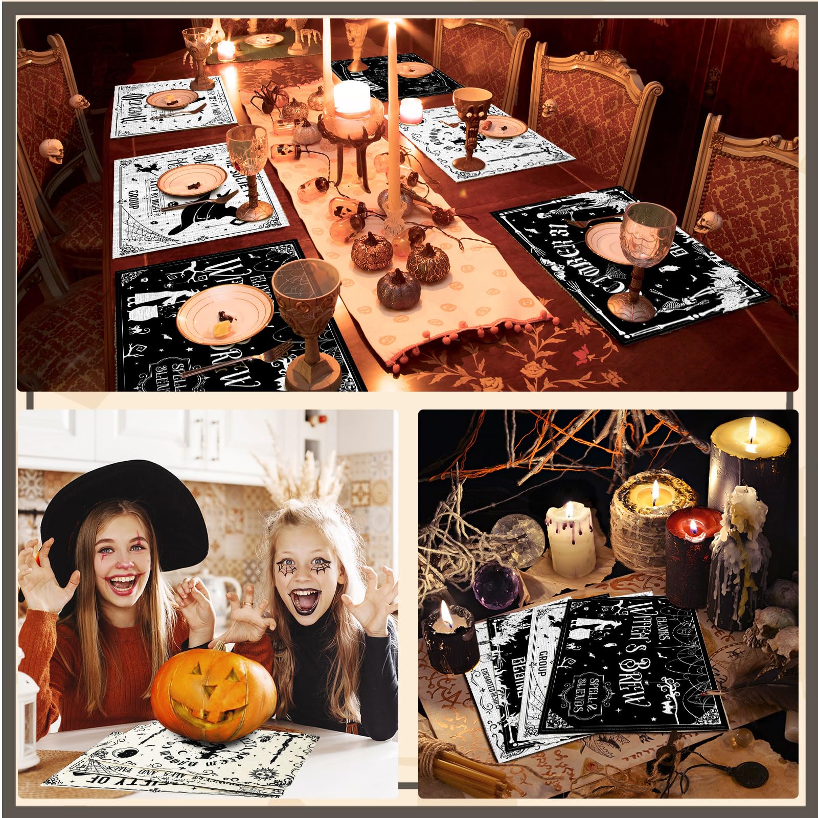 Umigy 6 Pcs Halloween Placemats 12"x18" Gothic Bat Placemats Kitchen Decoration Washable Witch Placemats Rectangle Skull Table Mats for Halloween Dining Table Accessories (Black White Character Style)