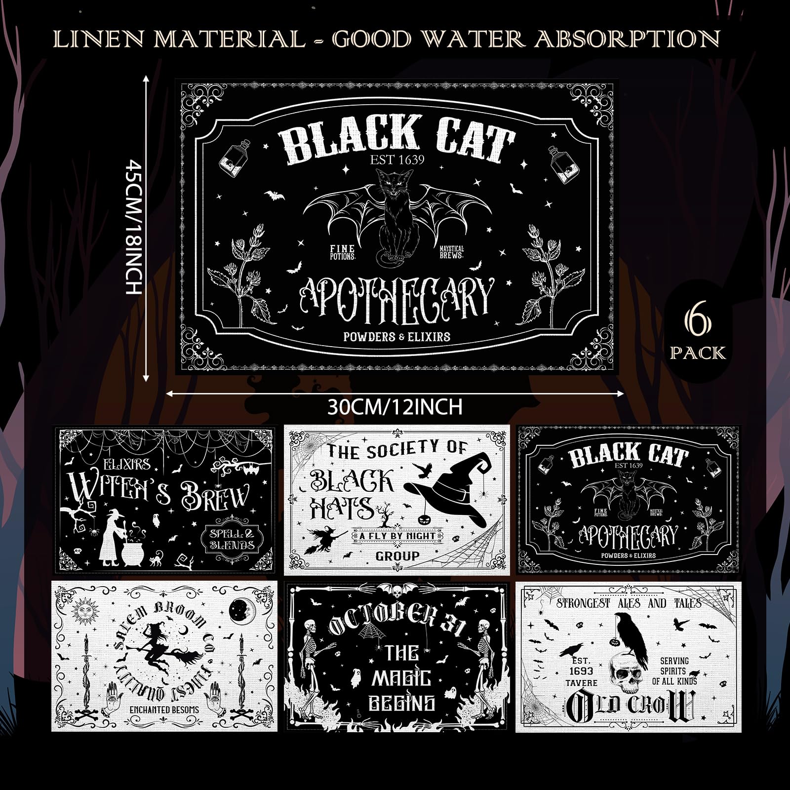 Umigy 6 Pcs Halloween Placemats 12"x18" Gothic Bat Placemats Kitchen Decoration Washable Witch Placemats Rectangle Skull Table Mats for Halloween Dining Table Accessories (Black White Character Style)