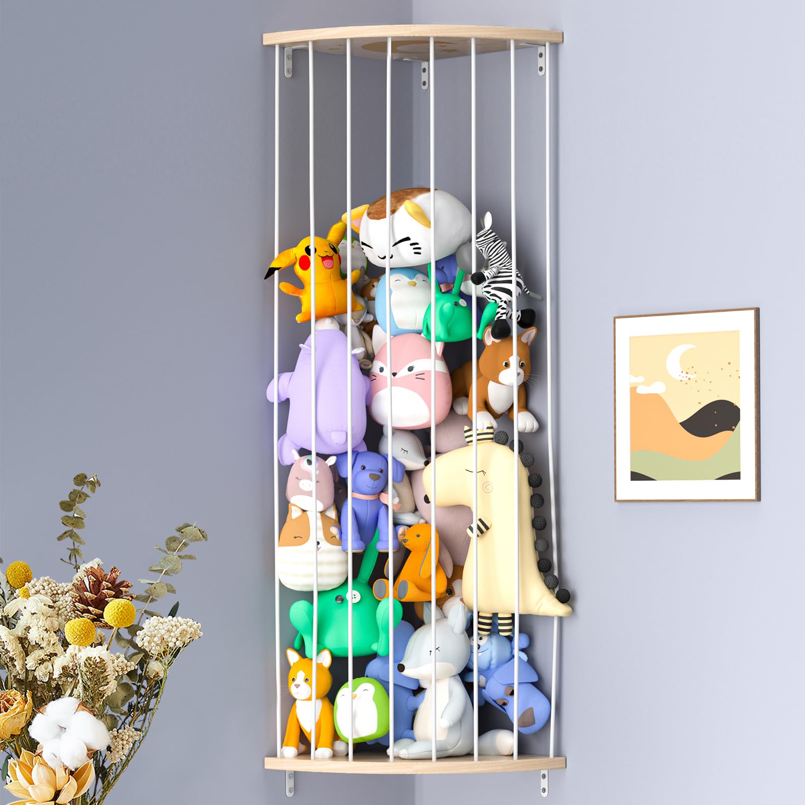 Zayysoha Stuffed Animal Storage Wood Soft Toy Shelf with Adjustable Length Large Corner Plush Toys Holder Nursery Hanging Organizer with Moon Zoo Pattern for Nursery PlayRoom Bedroom KidRoom