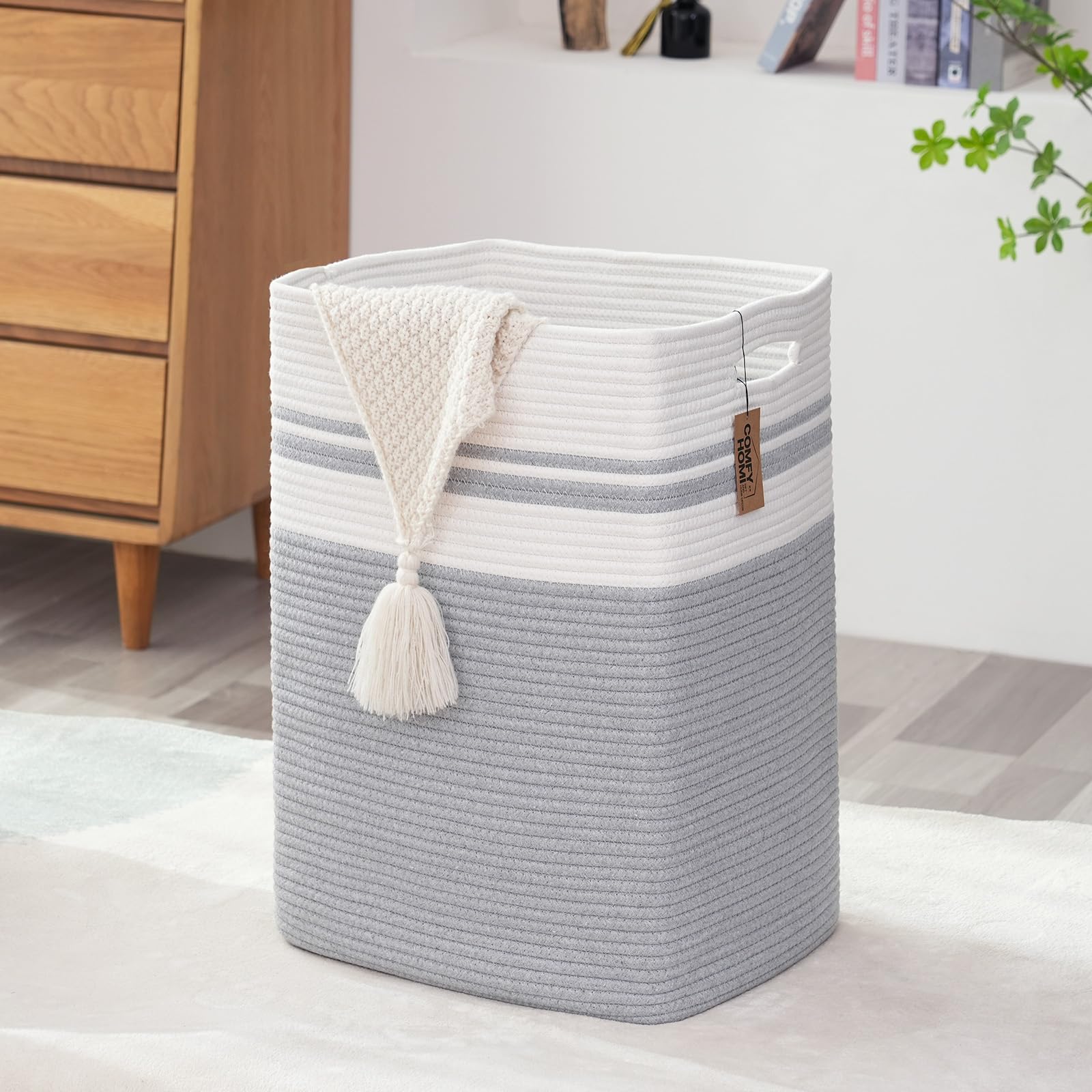 COMFY-HOMI Laundry Basket, Hamper for Laundry with Handles, Square Tall Cotton Rope Basket, Clothes Hamper-Blanket Basket Living Room, Large Gift Baby Basket for Toys, Clothes, Towels-16x13x22in-Gray