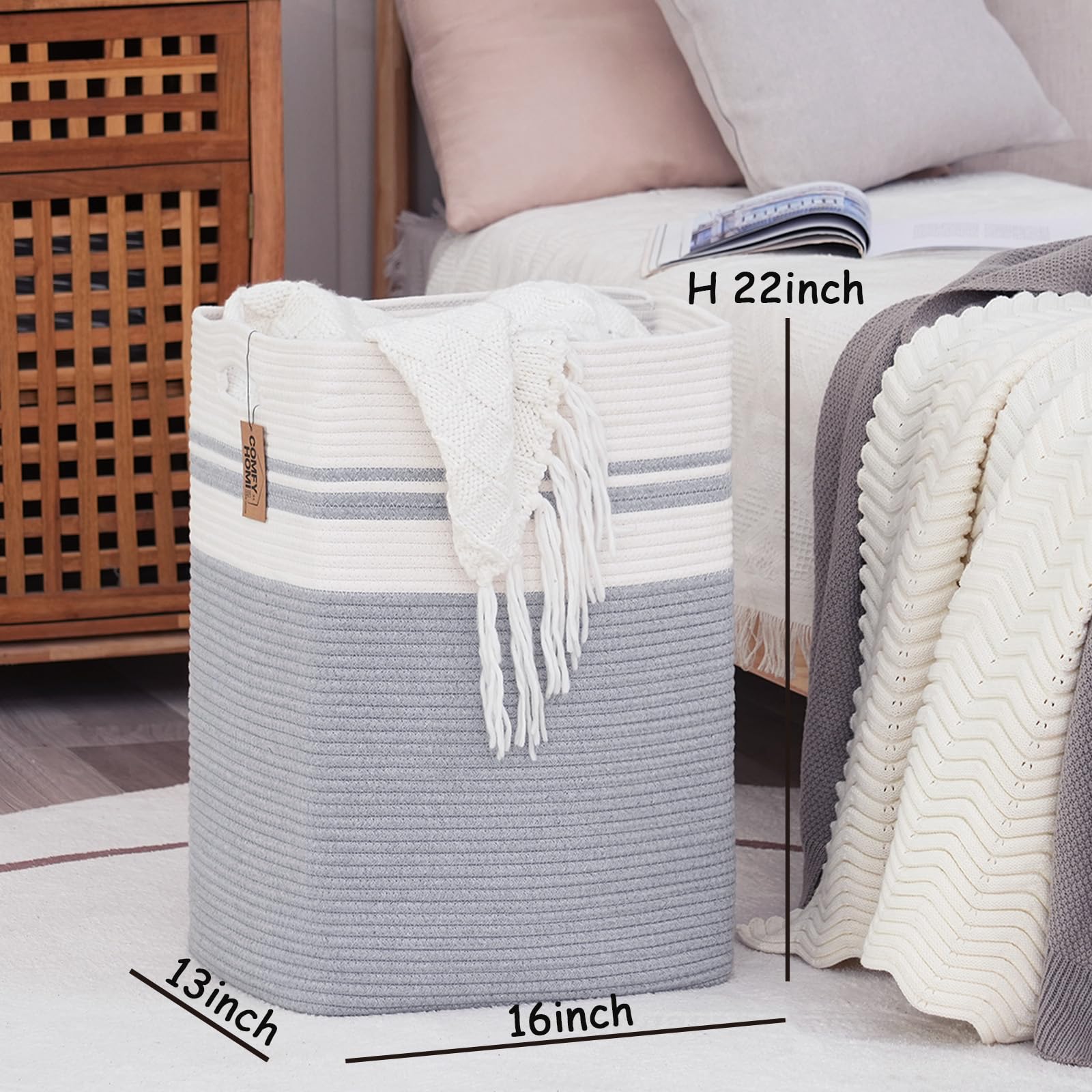 COMFY-HOMI Laundry Basket, Hamper for Laundry with Handles, Square Tall Cotton Rope Basket, Clothes Hamper-Blanket Basket Living Room, Large Gift Baby Basket for Toys, Clothes, Towels-16x13x22in-Gray