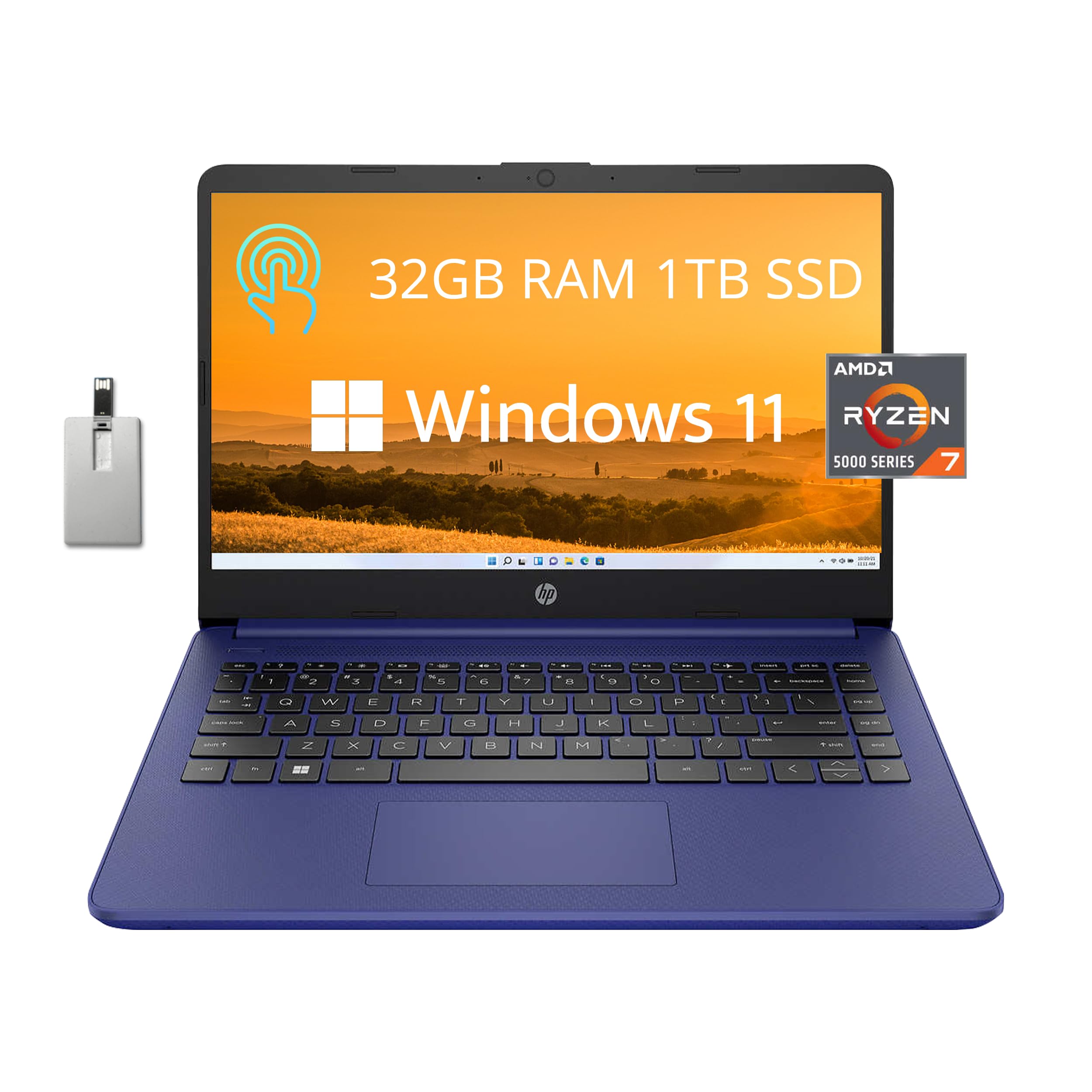 HP 14” HD Touchscreen Laptop, AMD Ryzen 7-5700U, 32GB RAM, 1TB PCIe SSD, AMD Radeon Graphics, HD Webcam, WI-FI 6, Bluetooth, HDMI, Blue, Windows 11, 32GB USB Card