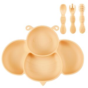 pandaear silicone suction plates with 3 spoons forks for babies & toddlers| divided unbreakable toddler plate| baby led weaning supplies self feeding eating utensils| bpa-free