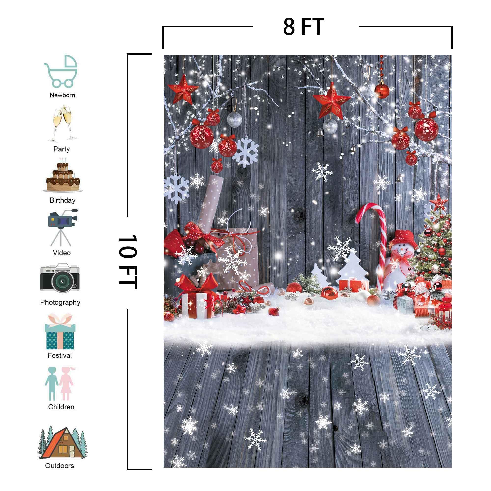 LIVUCEE 8X10FT Christmas Wood Wall Photography Banner Backdrop Winter Holiday Snowflake Xmas Tree Wood Floor Background Party Supplies Decor Photoshoot Studio Booth Props