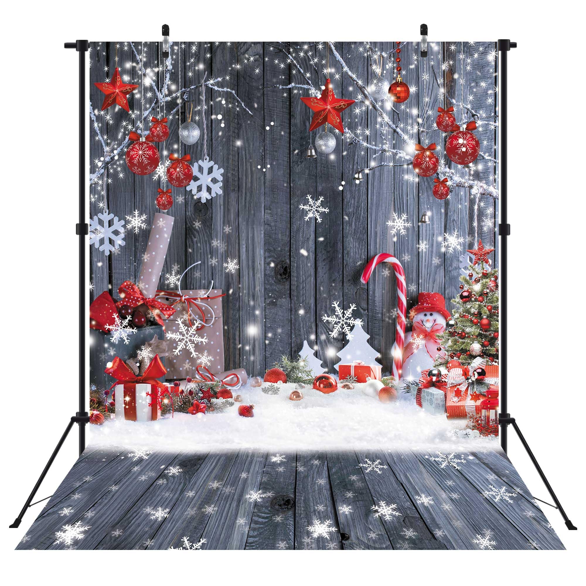 LIVUCEE 8X10FT Christmas Wood Wall Photography Banner Backdrop Winter Holiday Snowflake Xmas Tree Wood Floor Background Party Supplies Decor Photoshoot Studio Booth Props