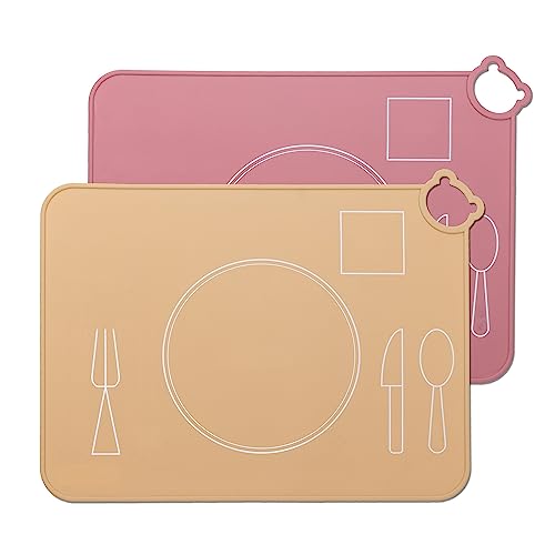 Silicone Baby Placemat, Kids Placemats for Dining Table, Montessori Placemat, Non Slip Placemat for Toddler, Waterproof, Washable, Portable Placemat Set of 2 (Beige+Powder)