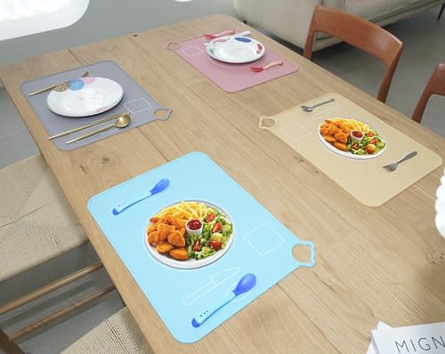 Silicone Baby Placemat, Kids Placemats for Dining Table, Montessori Placemat, Non Slip Placemat for Toddler, Waterproof, Washable, Portable Placemat Set of 2 (Beige+Powder)