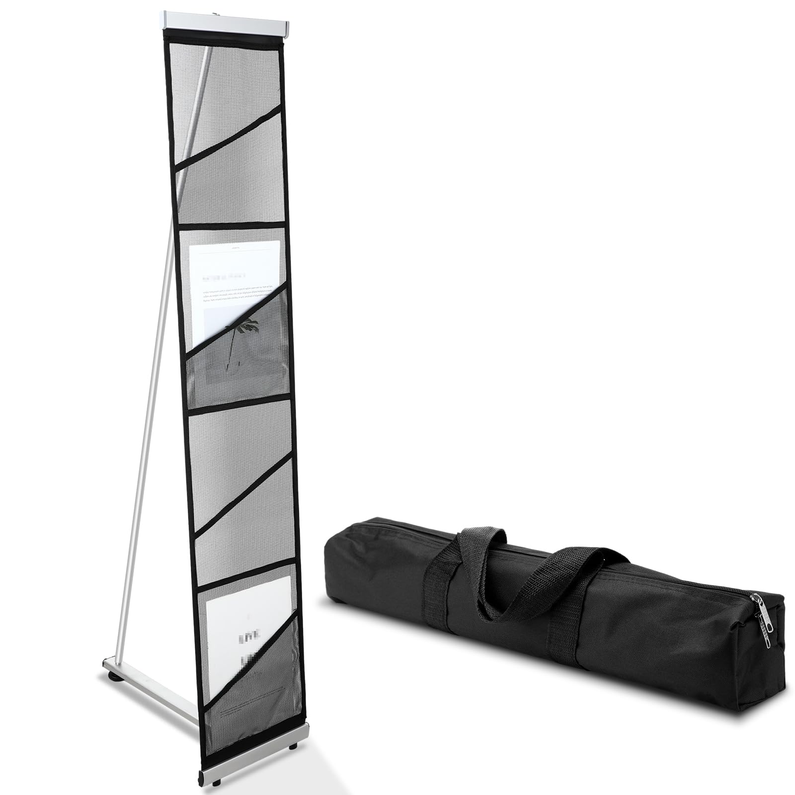 Thyle Magazine Display Rack 0.9ft x 4.6ft Mesh Brochure Display Holder Stand with 4 Pockets Portable Catalog Literature Display Rack for Tradeshows Retail Stores Vendor Events Businesses (Black)