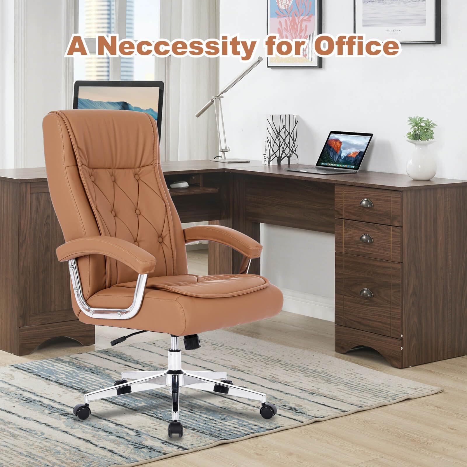 Hoxne Leather Executive Office Chair with Arms and Wheels, High Back Ergonomic Computer Desk ChairAdjustable Height Swivel Office Desk Chair, 350LBS Capacity (Khaki)