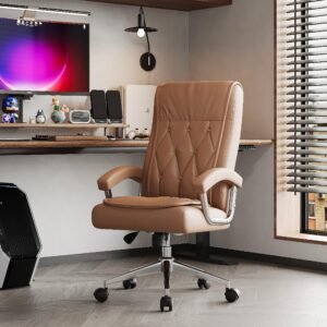 Hoxne Leather Executive Office Chair with Arms and Wheels, High Back Ergonomic Computer Desk ChairAdjustable Height Swivel Office Desk Chair, 350LBS Capacity (Khaki)