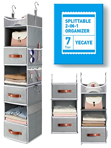 Yecaye Upgraded 7-Shelf Hanging Closet Organizers and Storage with 3 Drawers 4 Side Pockets, 2 Flexible 3-Shelf Closet Organizer System, Clothes Organizer Shelves for Bedroom Closet Rack