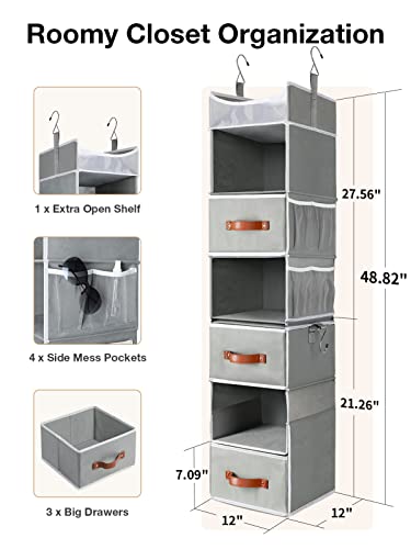 Yecaye Upgraded 7-Shelf Hanging Closet Organizers and Storage with 3 Drawers 4 Side Pockets, 2 Flexible 3-Shelf Closet Organizer System, Clothes Organizer Shelves for Bedroom Closet Rack