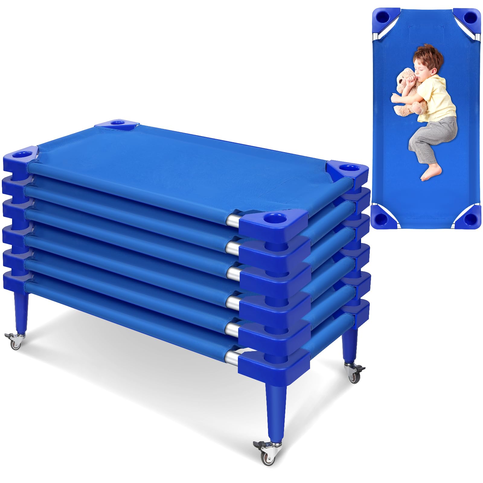 Barydat 6 Pack Stackable Daycare Cot for Kid 47" L x 22" W Portable Toddler Nap Cots with Wheels Space Saving Blue Stackable Kids Cots for Sleeping Daycare Bed Preschool Classroom Furniture