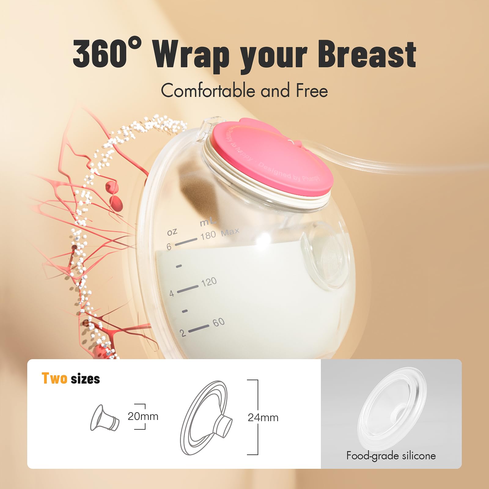 Phanpy E-Rosy Ultra-Light Wearable Hands Free Breast Pump, 3 Modes 8 Levels, High Performance Touch Screen with Lock Screen 40db Low Noise, 24 mm Flange and 20mm Insert Included