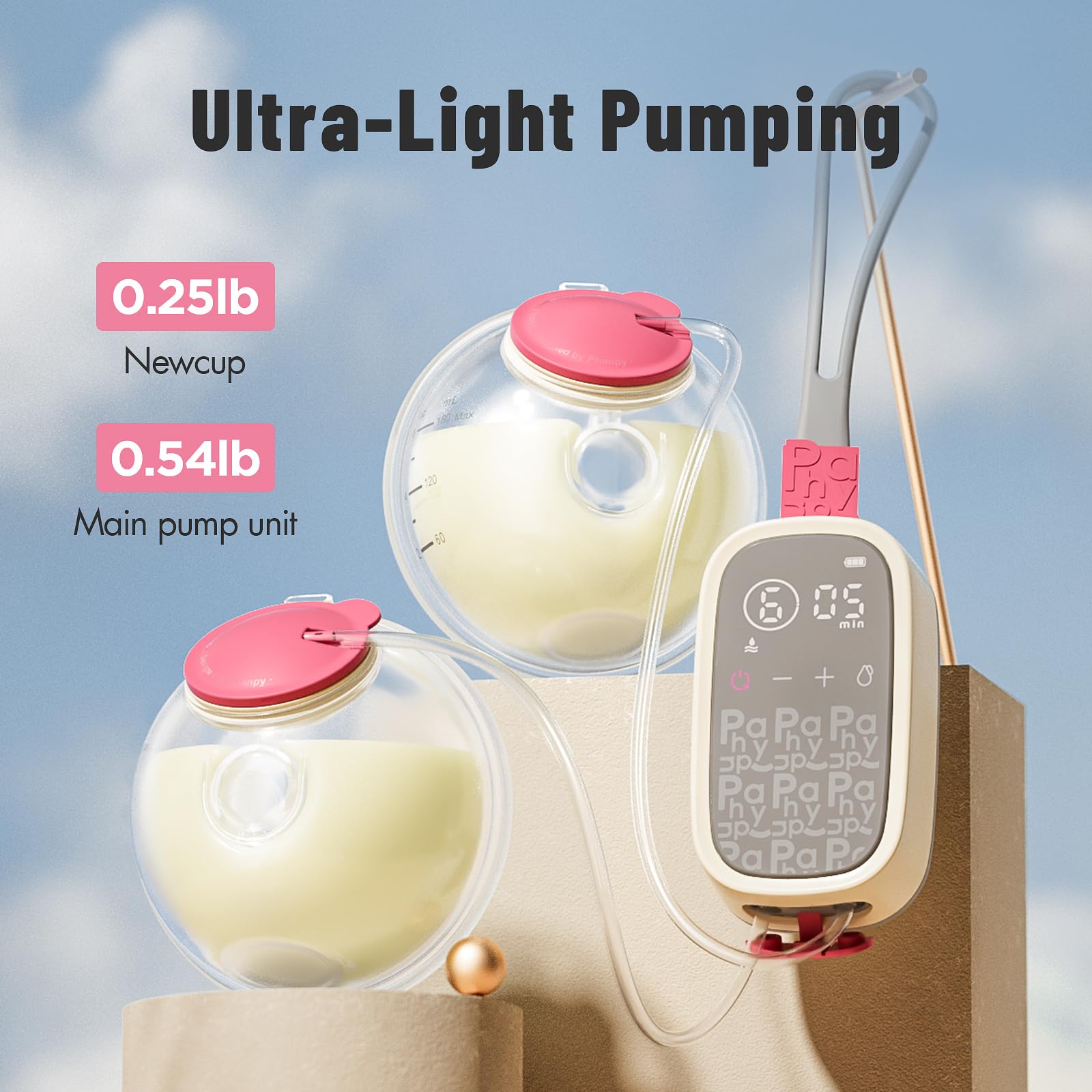 Phanpy E-Rosy Ultra-Light Wearable Hands Free Breast Pump, 3 Modes 8 Levels, High Performance Touch Screen with Lock Screen 40db Low Noise, 24 mm Flange and 20mm Insert Included