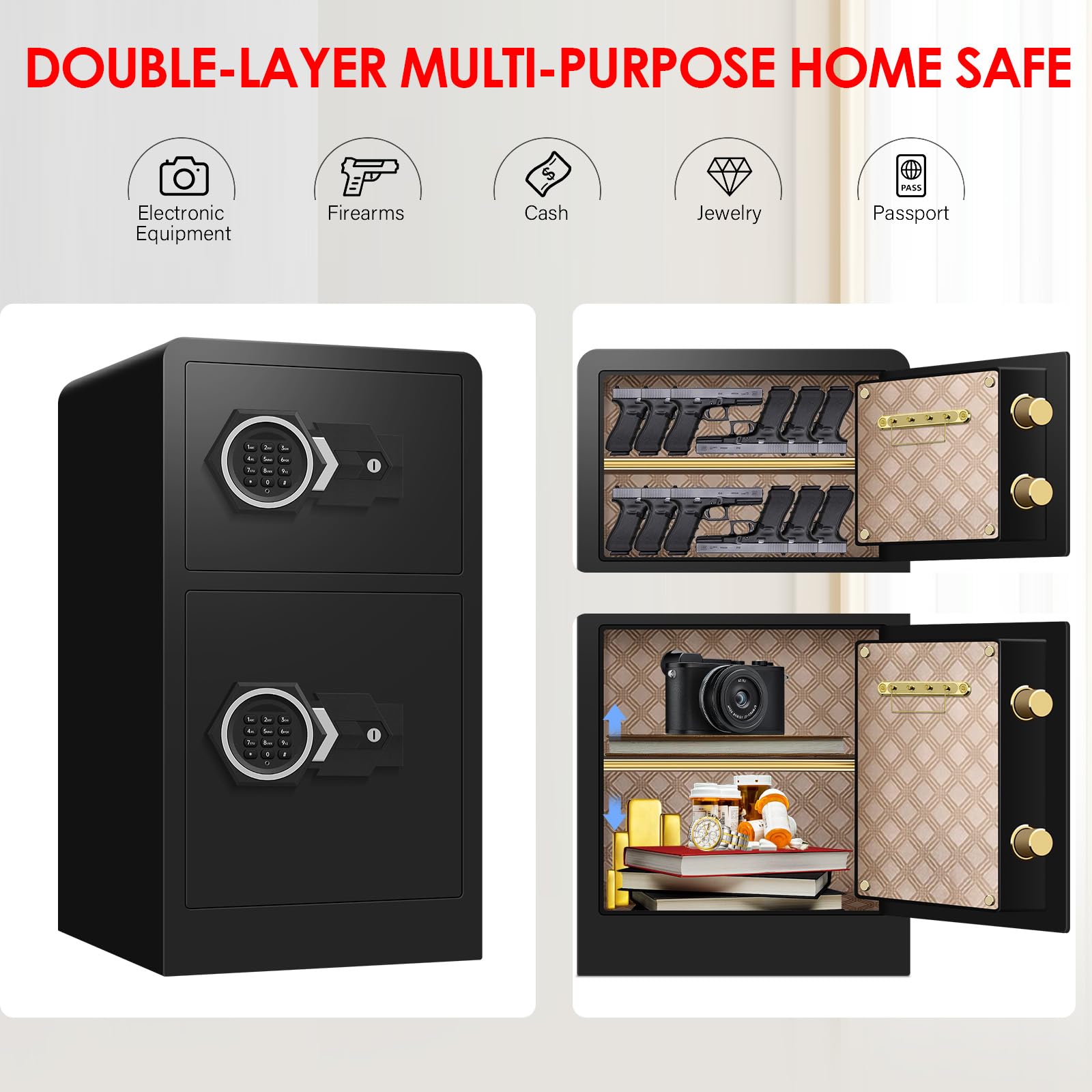 6.1 Cu ft Extra Large Home Safe Fireproof Waterproof, Anti-Theft Digital Home Security Safe Box With Hidden Compartment, Double Safes, Separate Lock Box and Led Light（31.1" x 17.0" x 15.9"）