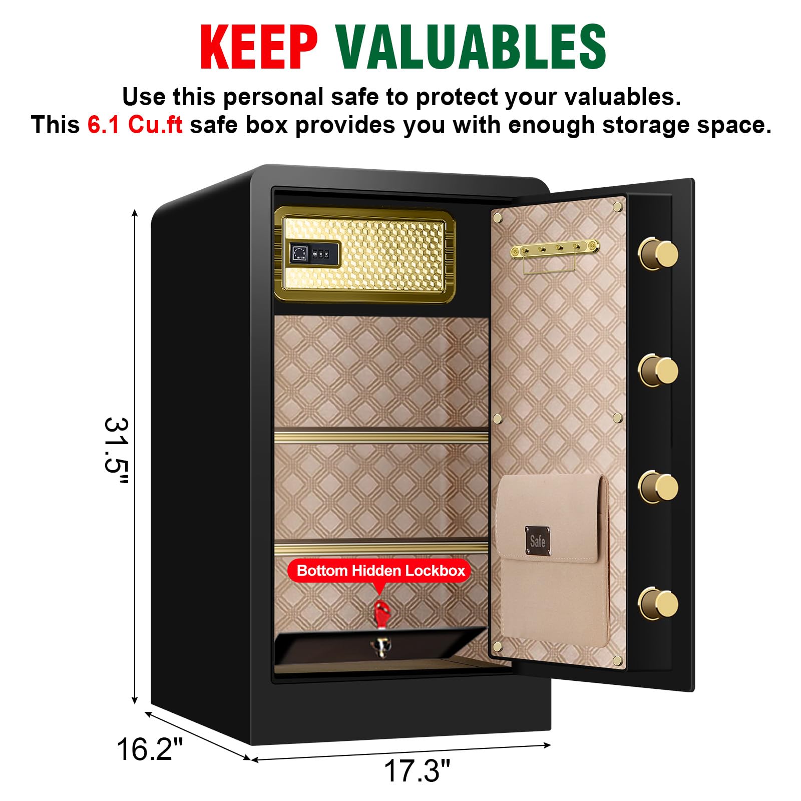 6.1 Cu ft Extra Large Home Safe Fireproof Waterproof, Anti-Theft Digital Home Security Safe Box With Hidden Compartment, Double Safes, Separate Lock Box and Led Light（31.1" x 17.0" x 15.9"）