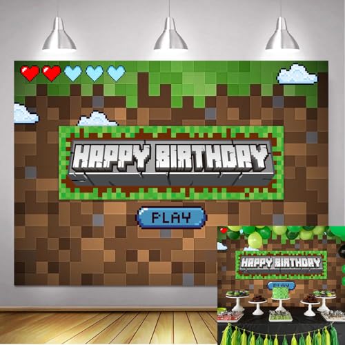 7x5ft Pixel Backdrop for Happy Birthday Video Game Themed Party Photography Background Boys Battle Gamer Family Decor Portrait Photo Booth Studio Props