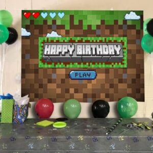 7x5ft Pixel Backdrop for Happy Birthday Video Game Themed Party Photography Background Boys Battle Gamer Family Decor Portrait Photo Booth Studio Props