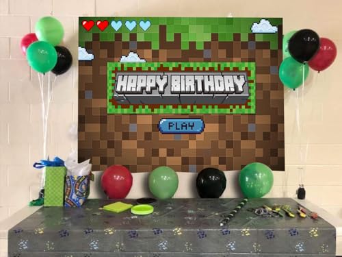 7x5ft Pixel Backdrop for Happy Birthday Video Game Themed Party Photography Background Boys Battle Gamer Family Decor Portrait Photo Booth Studio Props