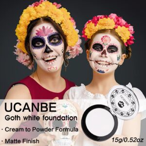 UCANBE Goth White Cream to Powder Foundation Makeup, Professional Clown White Face Body Paint with Matte Finish for Halloween, SFX Makeup, Cosplay, Costume, Stage, Mime & Film(0.52oz)