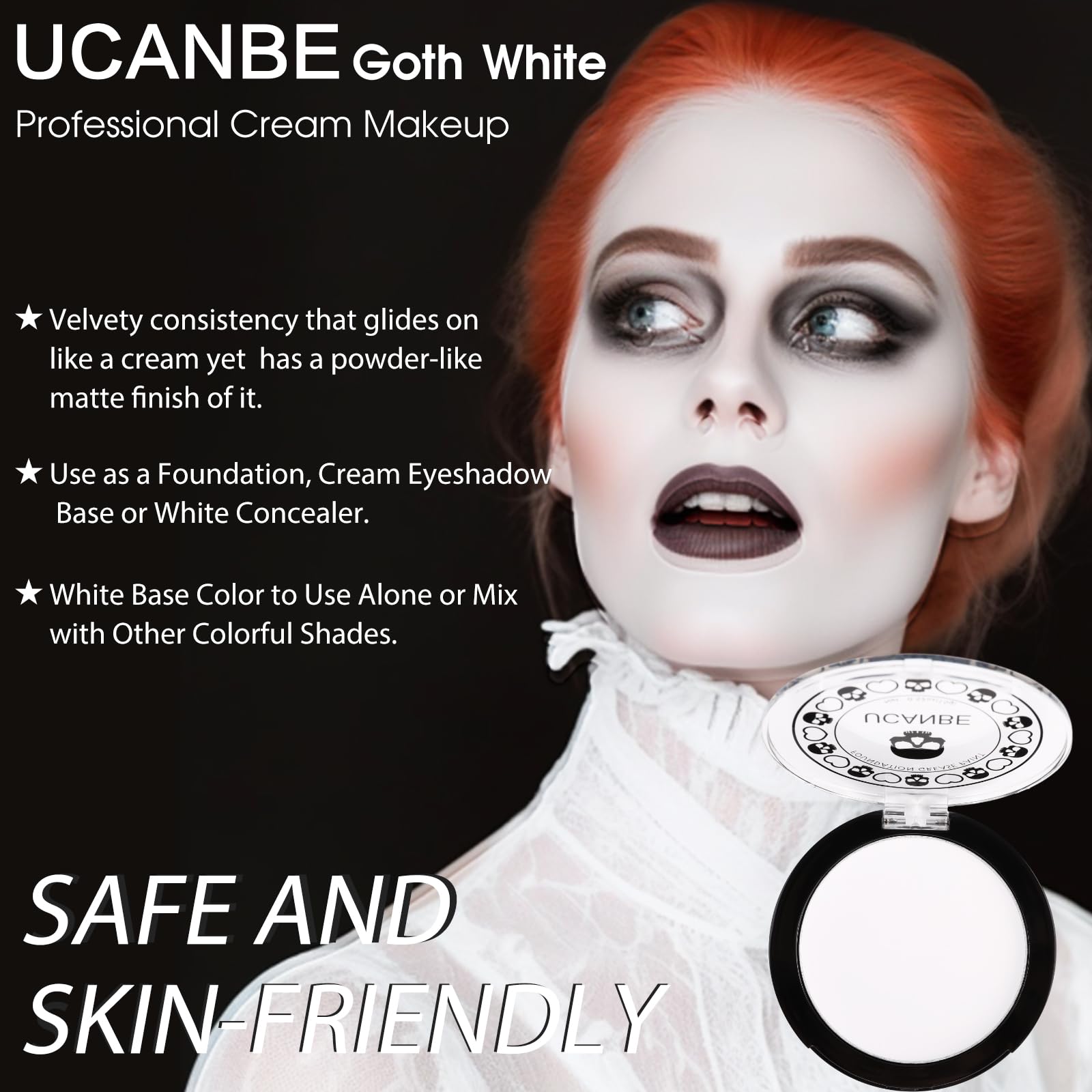 UCANBE Goth White Cream to Powder Foundation Makeup, Professional Clown White Face Body Paint with Matte Finish for Halloween, SFX Makeup, Cosplay, Costume, Stage, Mime & Film(0.52oz)