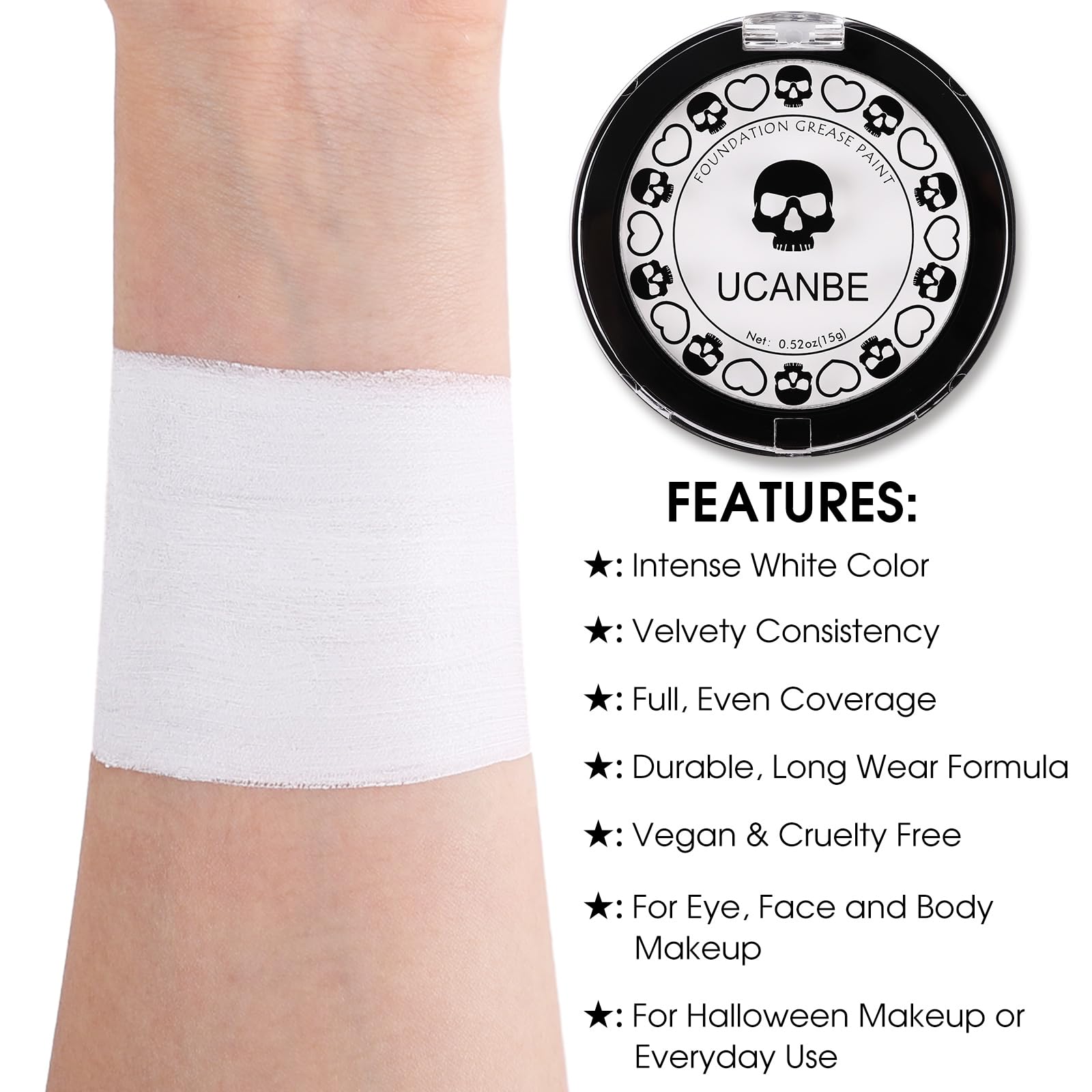 UCANBE Goth White Cream to Powder Foundation Makeup, Professional Clown White Face Body Paint with Matte Finish for Halloween, SFX Makeup, Cosplay, Costume, Stage, Mime & Film(0.52oz)