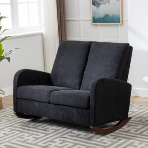 Dolonm Modern Nursery Rocking Chair Upholstered Double Wide Rocker Armchair Relax Sofa Loveseat High Backrest Accent Glider Rocker for Living Room, Bedroom, (Black-Solid)